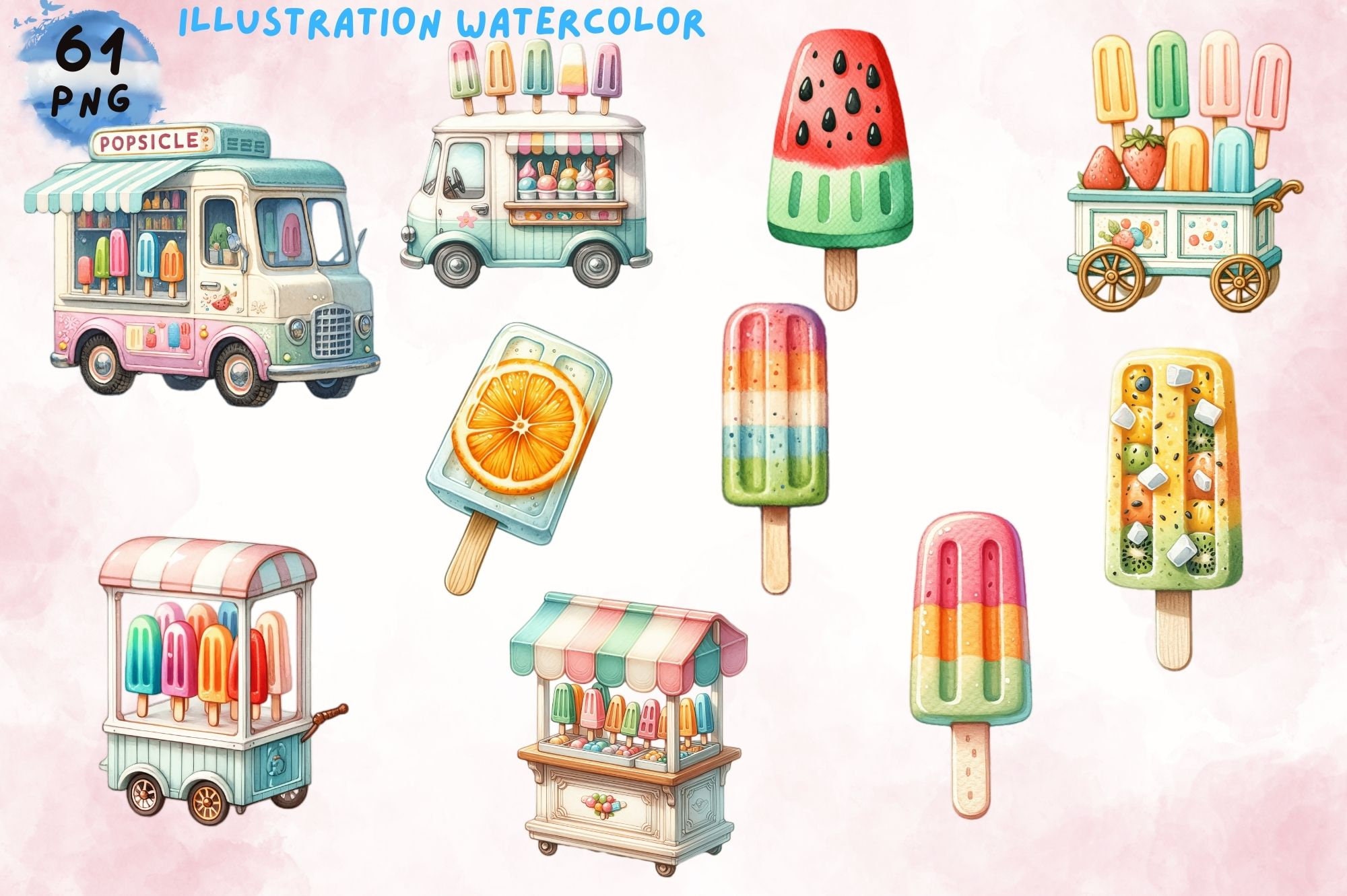 Pastel Summer Popsicle Clipart: Watercolor Ice Cream Pngs (digital ...