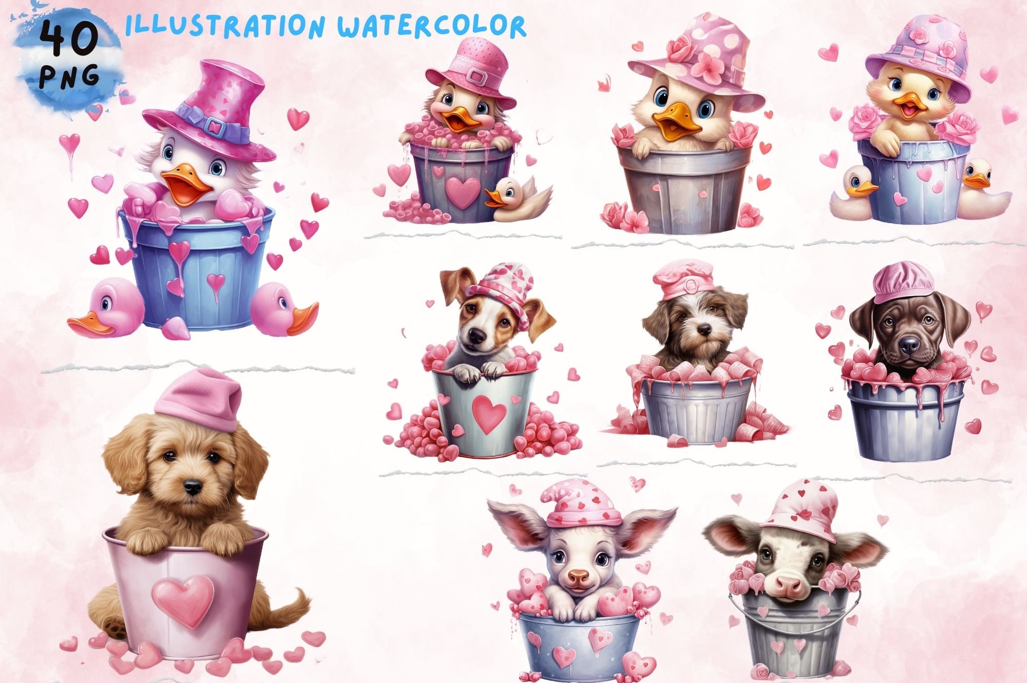 Valentine's Day Animals Clipart, Animal in Bucket, Romantic Animals ...