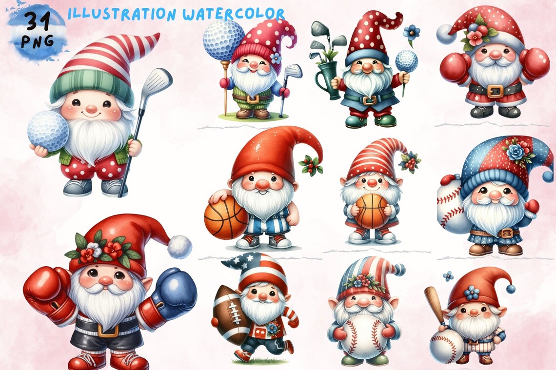 Sports Gnomes Clipart, Game Day, Sports Sublimate, Baseball, Basketball ...