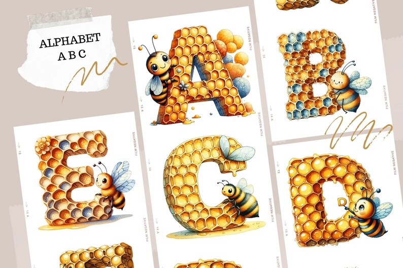 Honey Bee Clipart: Honeycomb Doodle Alphabet (PNG) - Etsy
