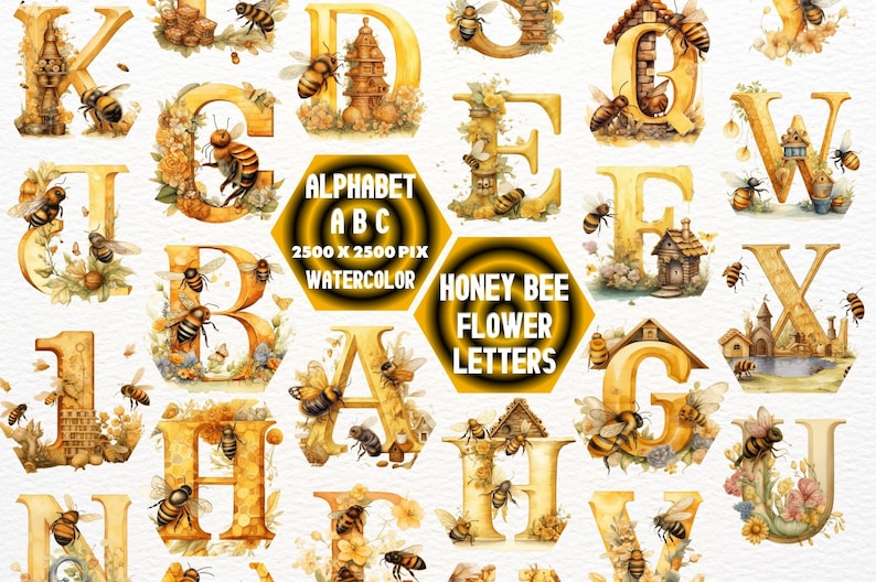 Bee Alphabet Bundle, Bee Png, Honey Doodle Letters, Clip Art Letters ...