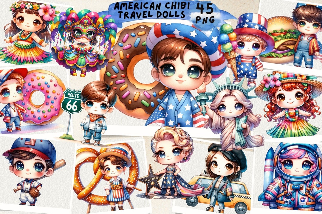 American Chibi Travel Dolls, Girls Boy Trip Clipart, 4th of July Chibi ...