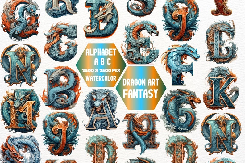 Dragon Art Letters Clipart Illuminated, Fantasy Dragon , Alphabet ...