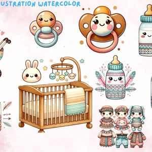 Newborn Boy Watercolor Clipart, Nursery Teddy Bear Art, Baby Toys Wall ...