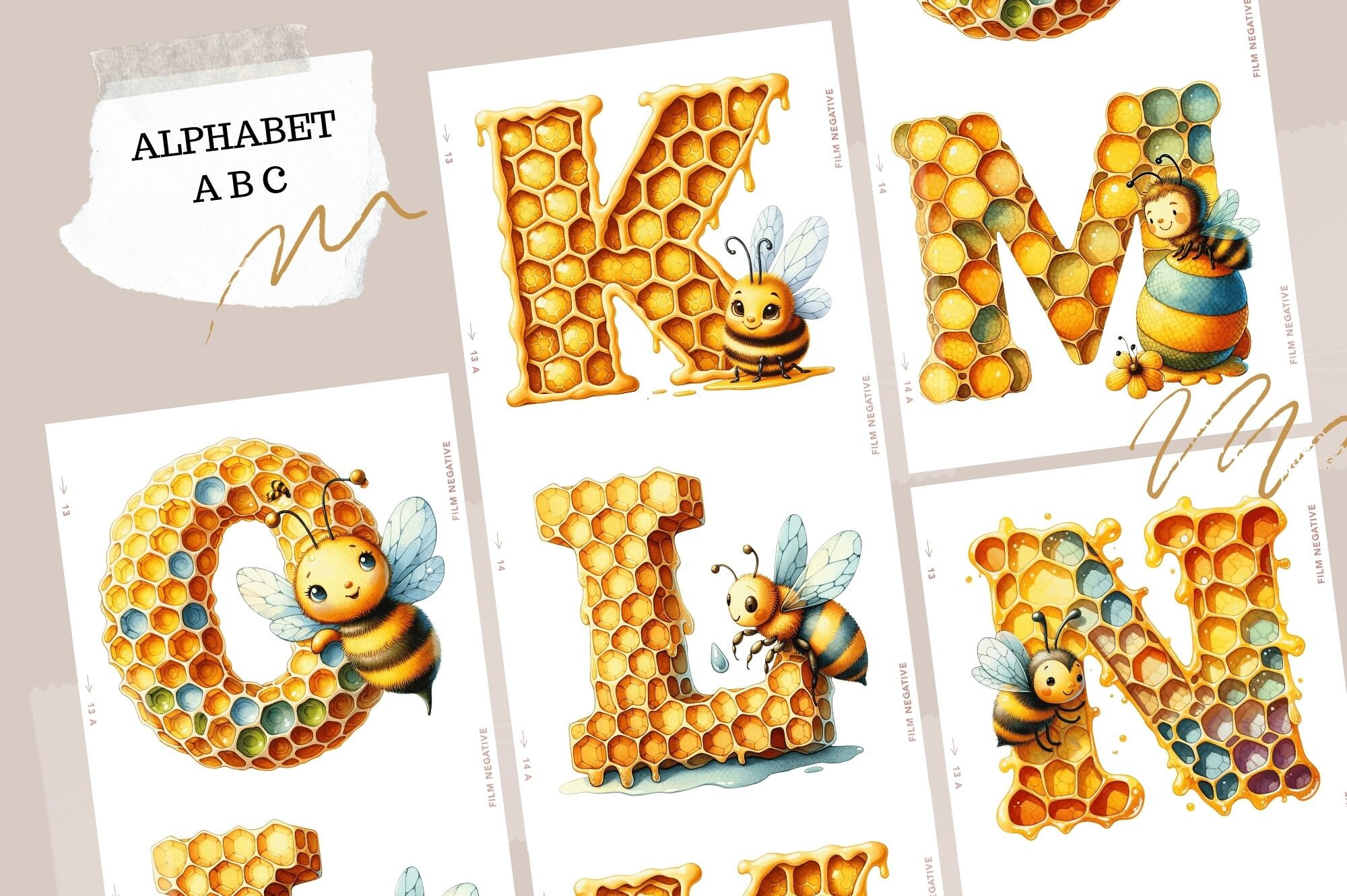 Honey Bee Clipart: Honeycomb Doodle Alphabet (PNG) - Etsy