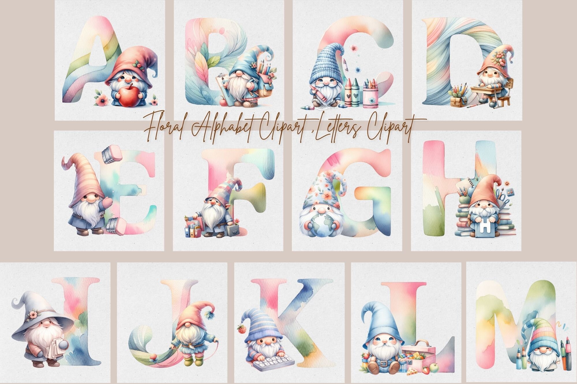 Back to School Gnome Alphabet Clipart, Gnome Supplies Alphabet, Gnome ...