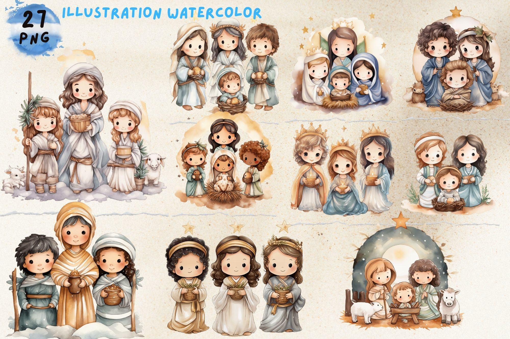 Cute Nativity Christmas Clipart, Nativity Scene, Xmas Watercolor Jesus ...