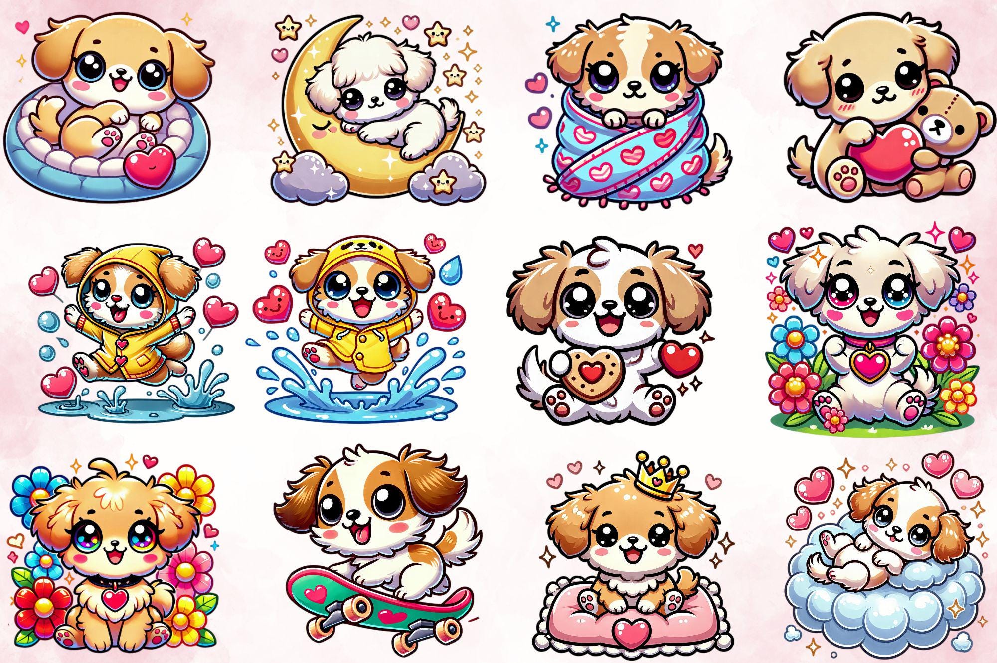 Kawaii Mini Dogs Clipart Set, Cute Dog Digital Stickers for ...