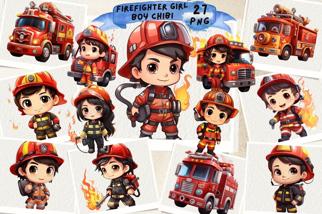 Cute Firefighter, Girl and Boy Chibi Clipart, Firefighter Png, Fire ...