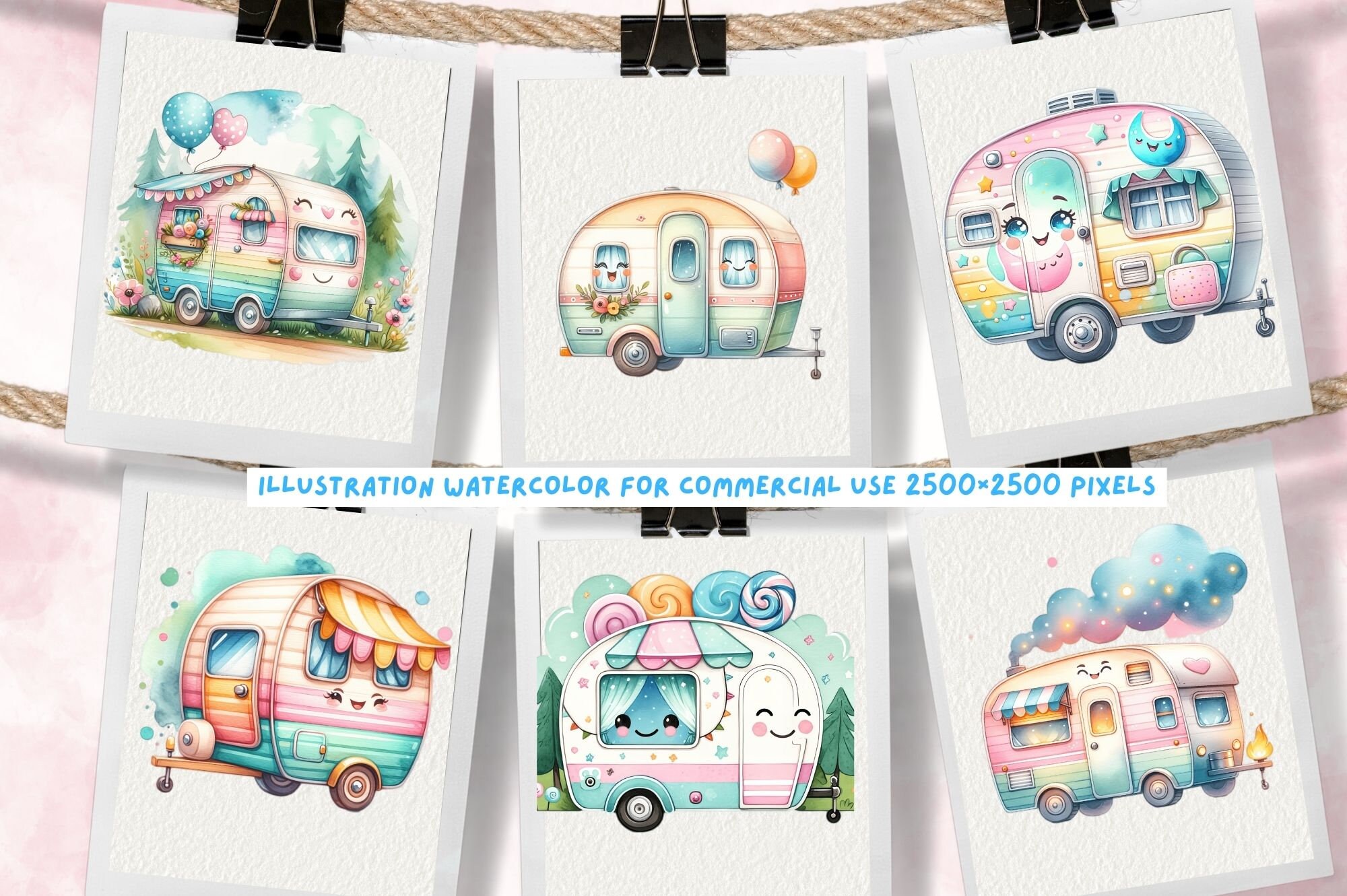 Pastel Camper Trailer Coloring Pages: Scrapbook, Junk Journal (digital ...