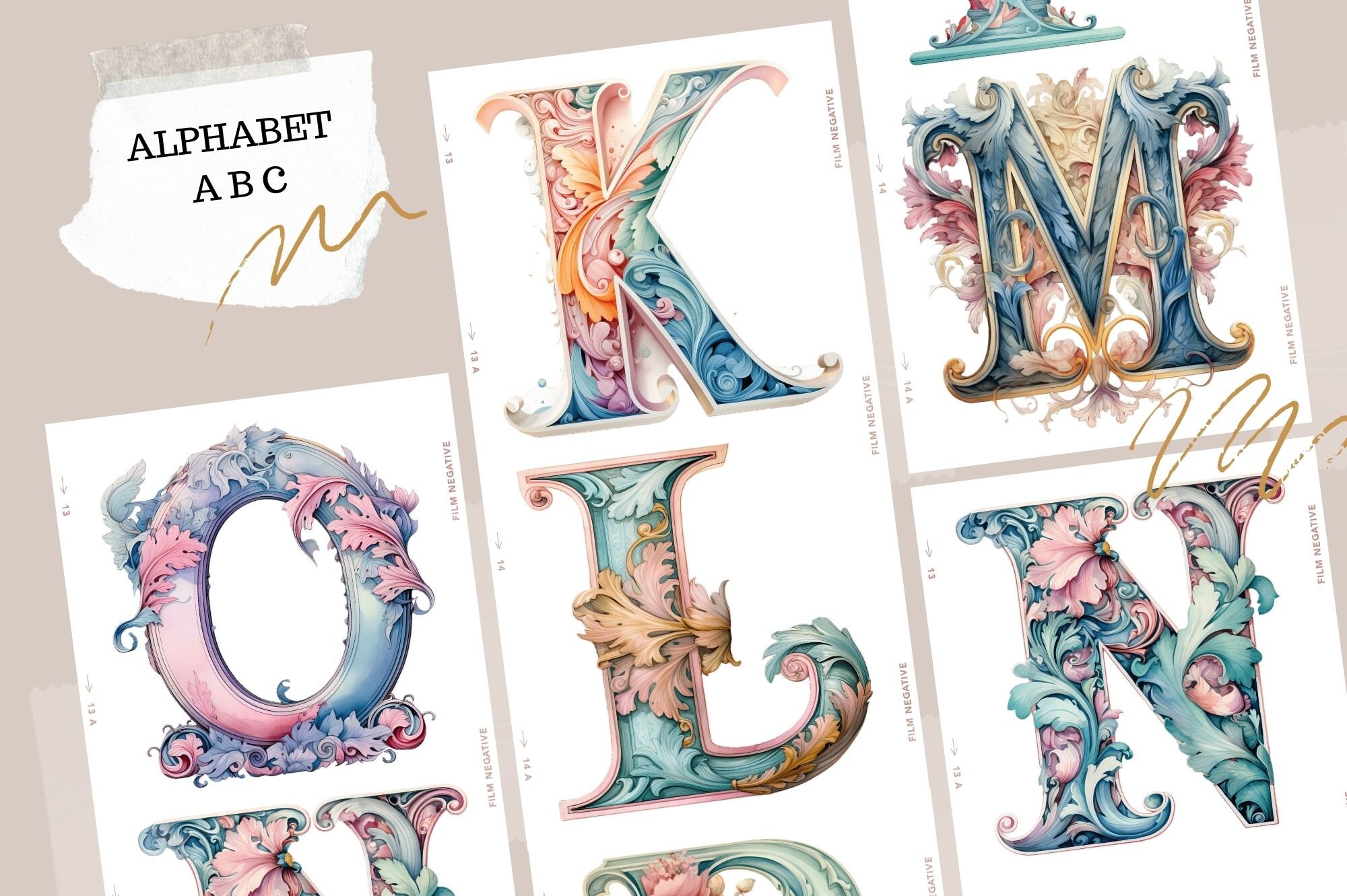 Art Nouveau Pastel Clipart, Full English Alphabet, Mystical ...