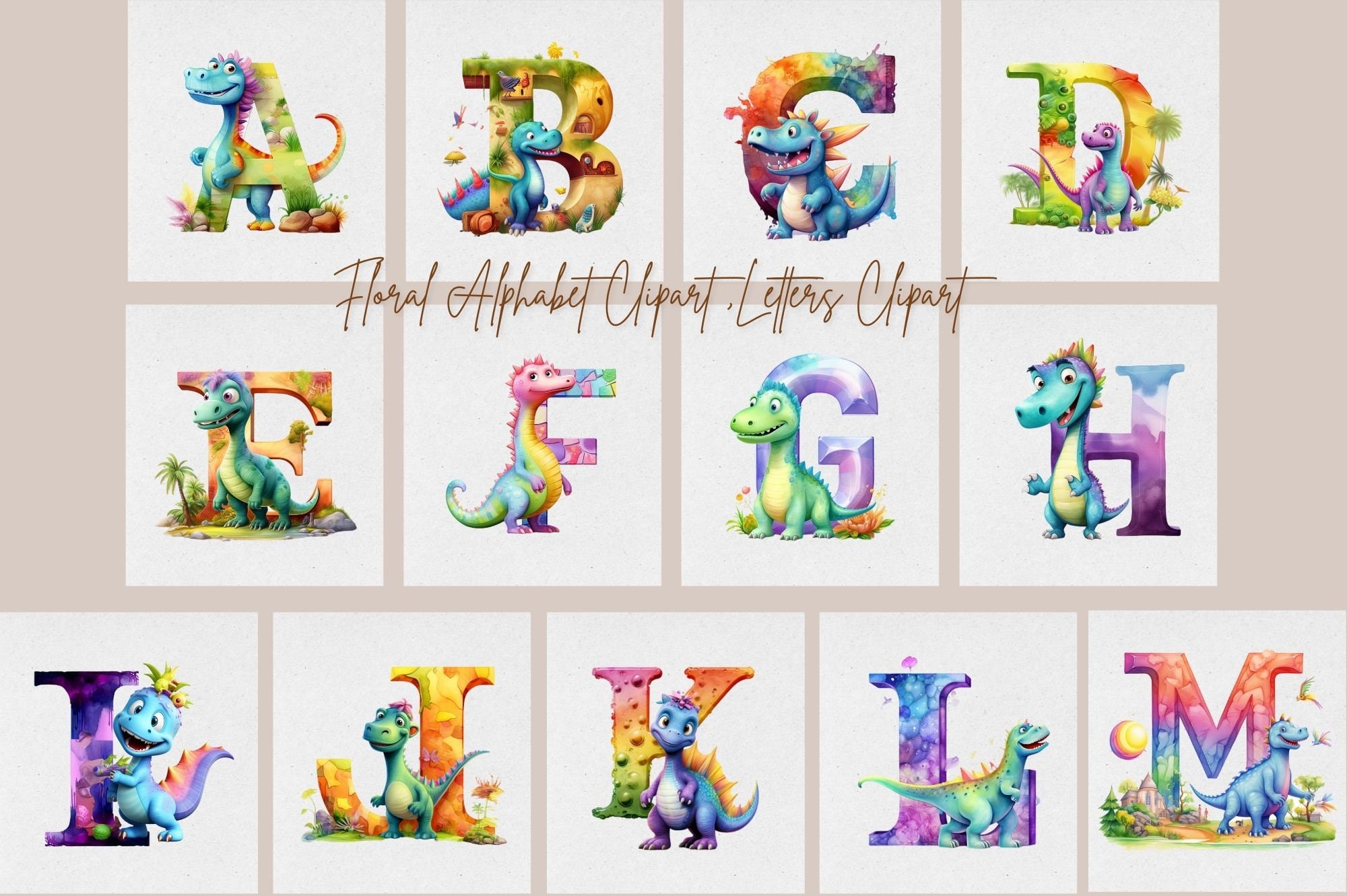 Cartoon Dinosaur Alphabet Clipart: Watercolor Letters (PNG) - Etsy