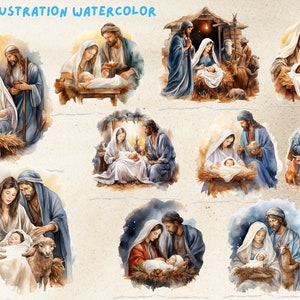 Watercolor Nativity Scene Clipart: Christmas Jesus Set (PNG, Instant ...