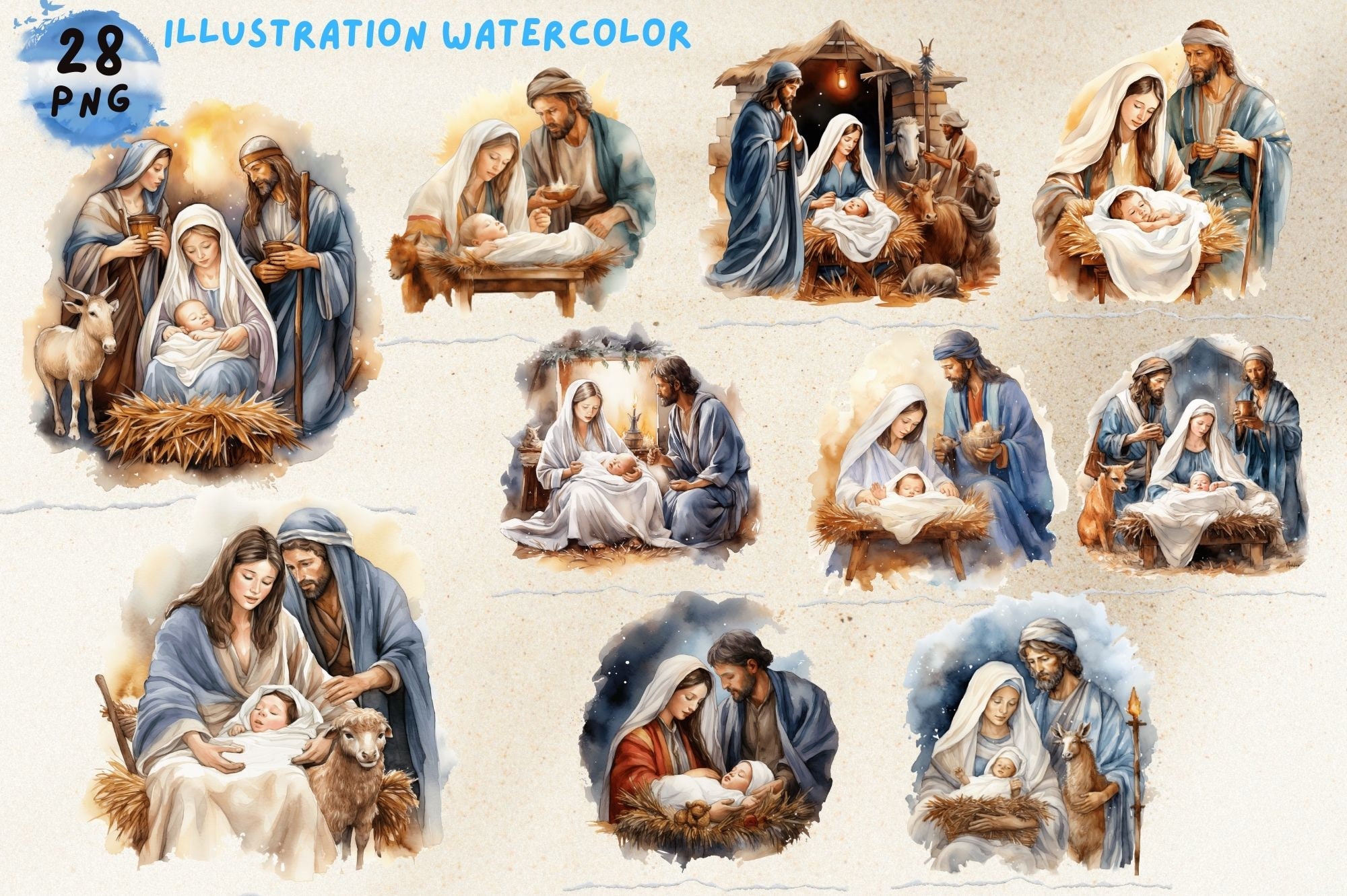 Watercolor Nativity Scene Clipart: Christmas Jesus Set (PNG, Instant ...