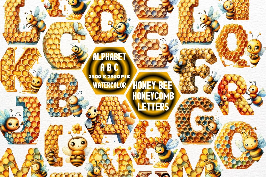 Honey Bee Clipart: Honeycomb Doodle Alphabet (PNG) - Etsy