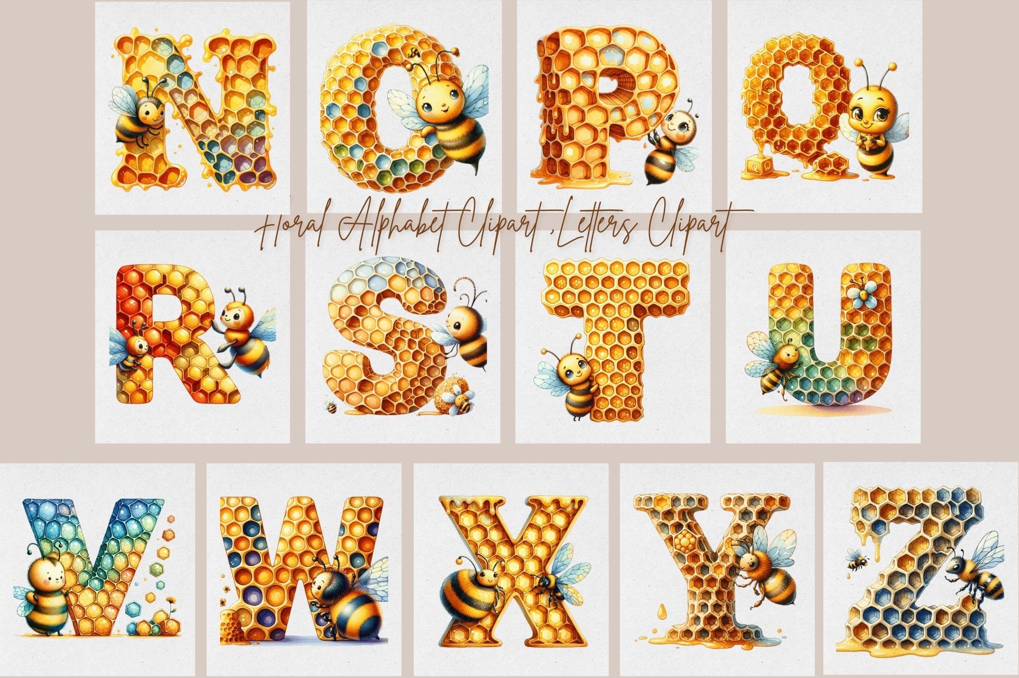 Honey Bee Clipart: Honeycomb Doodle Alphabet (PNG) - Etsy