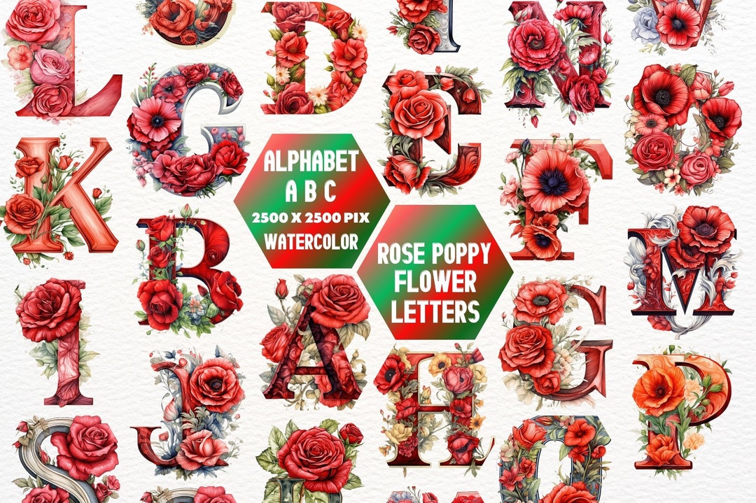 Red Rose Alphabet Clipart, Roses Monogram, Wedding Clipart, Poppy ...