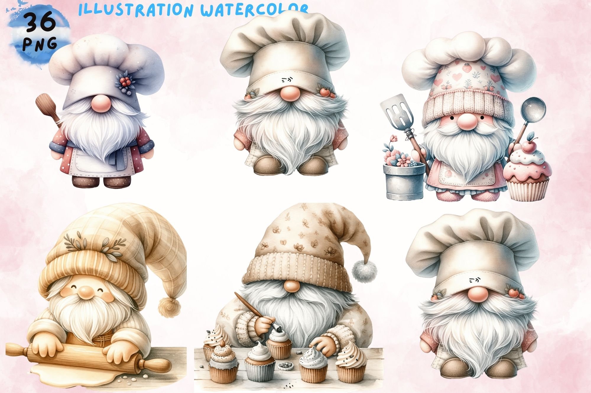 Baker Gnome Watercolor Clipart, Gnome Pastry Chef Clipart, Chef Gnome ...