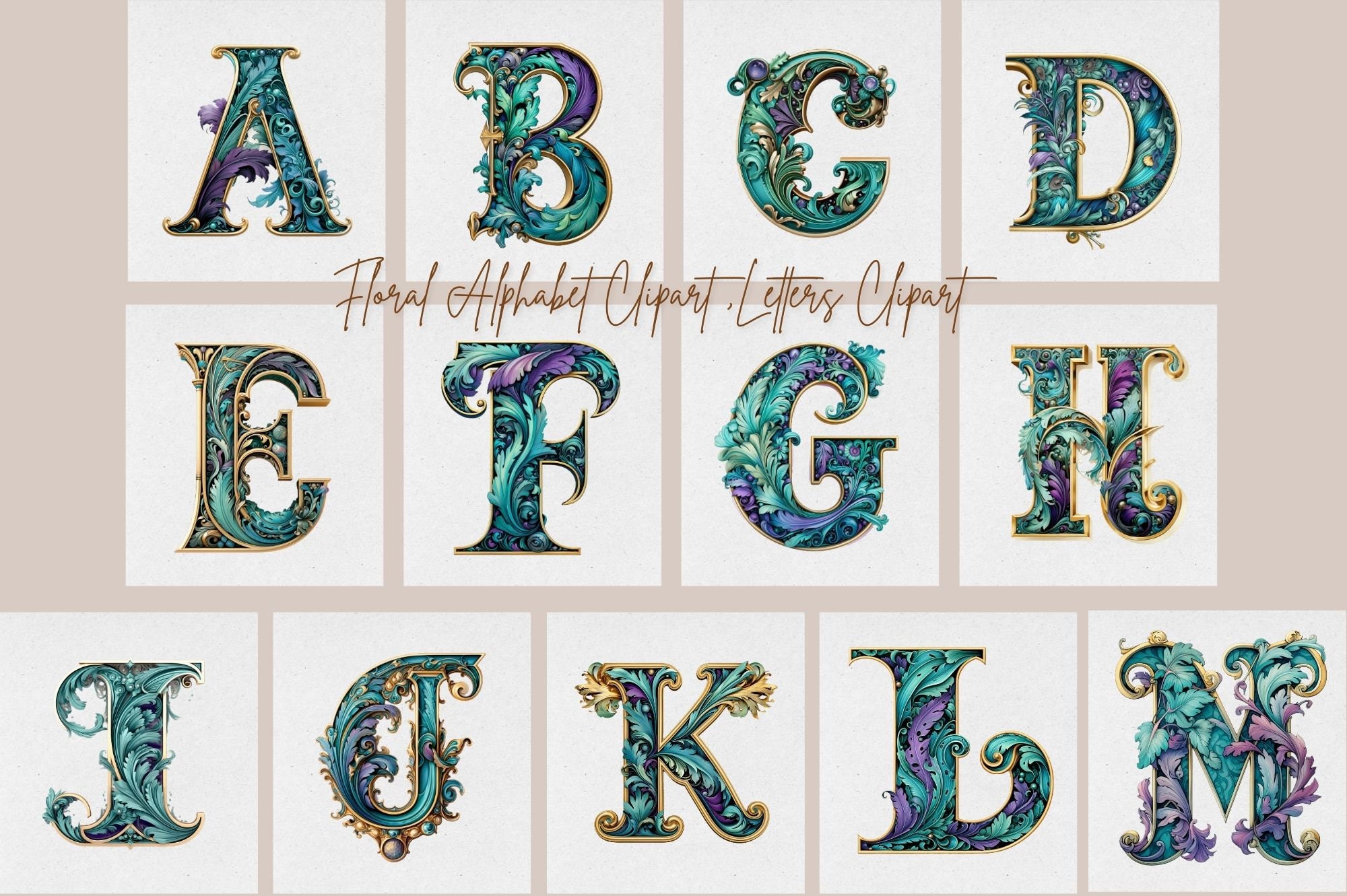 Gold Greens Alphabet, Celtic Alphabet, Letters Clipart, Ornate ...
