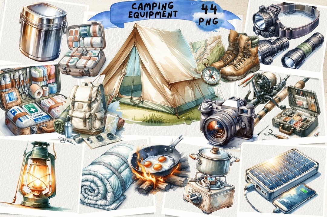 Camping Watercolor Clipart, Outdoor Camp, Bonfire, Backpack, Tent ...