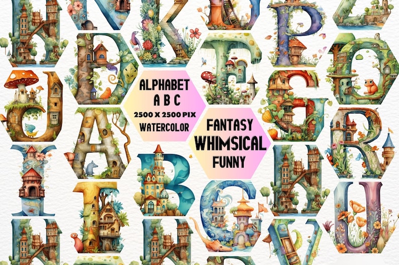 Whimsical Fairy Tale Alphabet Clipart: Fantasy Watercolor Letters (PNG ...