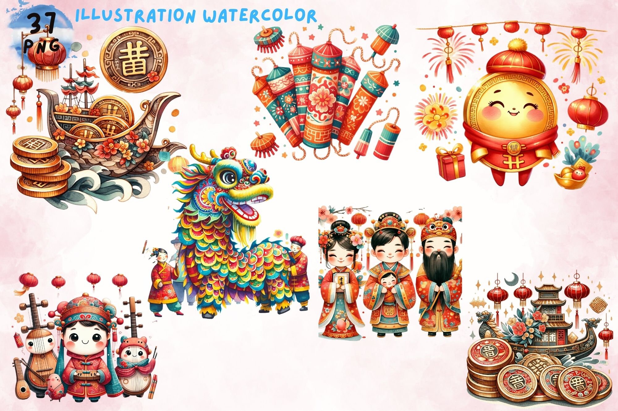 Cute Dragon Watercolor Clipart, Chinese New Year Clipart, Lion Dance ...