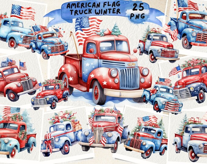 Vintage Blue Truck in PNG, Watercolor Truck With America Flag, High ...