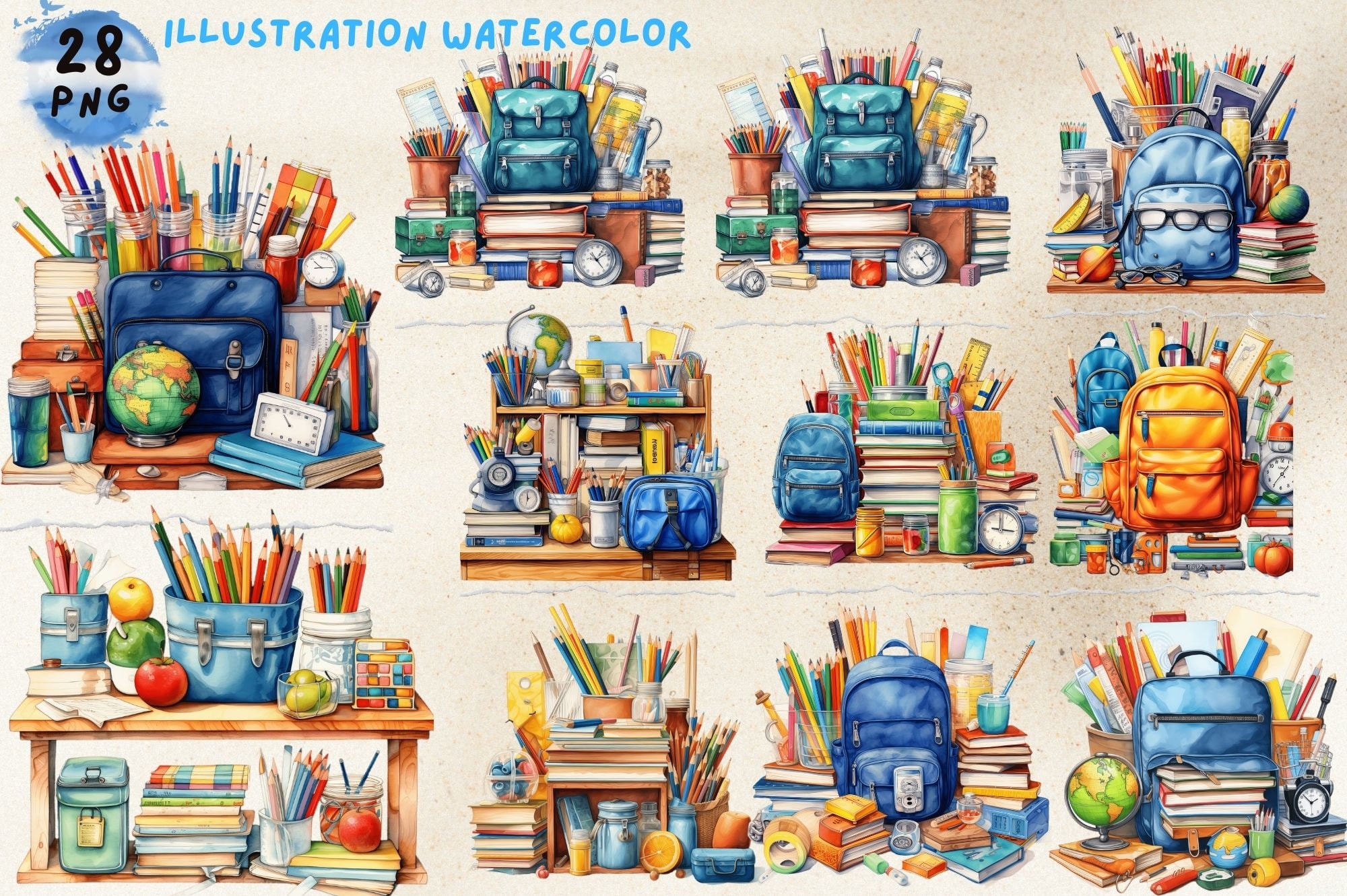 Back to School Clipart, Watercolor Back to School Clipart Set, School ...