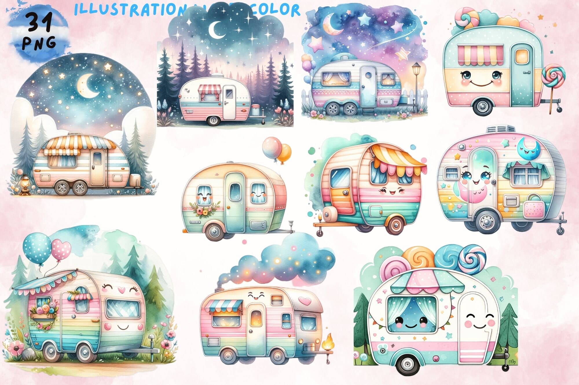 Pastel Camper Trailer Coloring Pages: Scrapbook, Junk Journal (digital ...