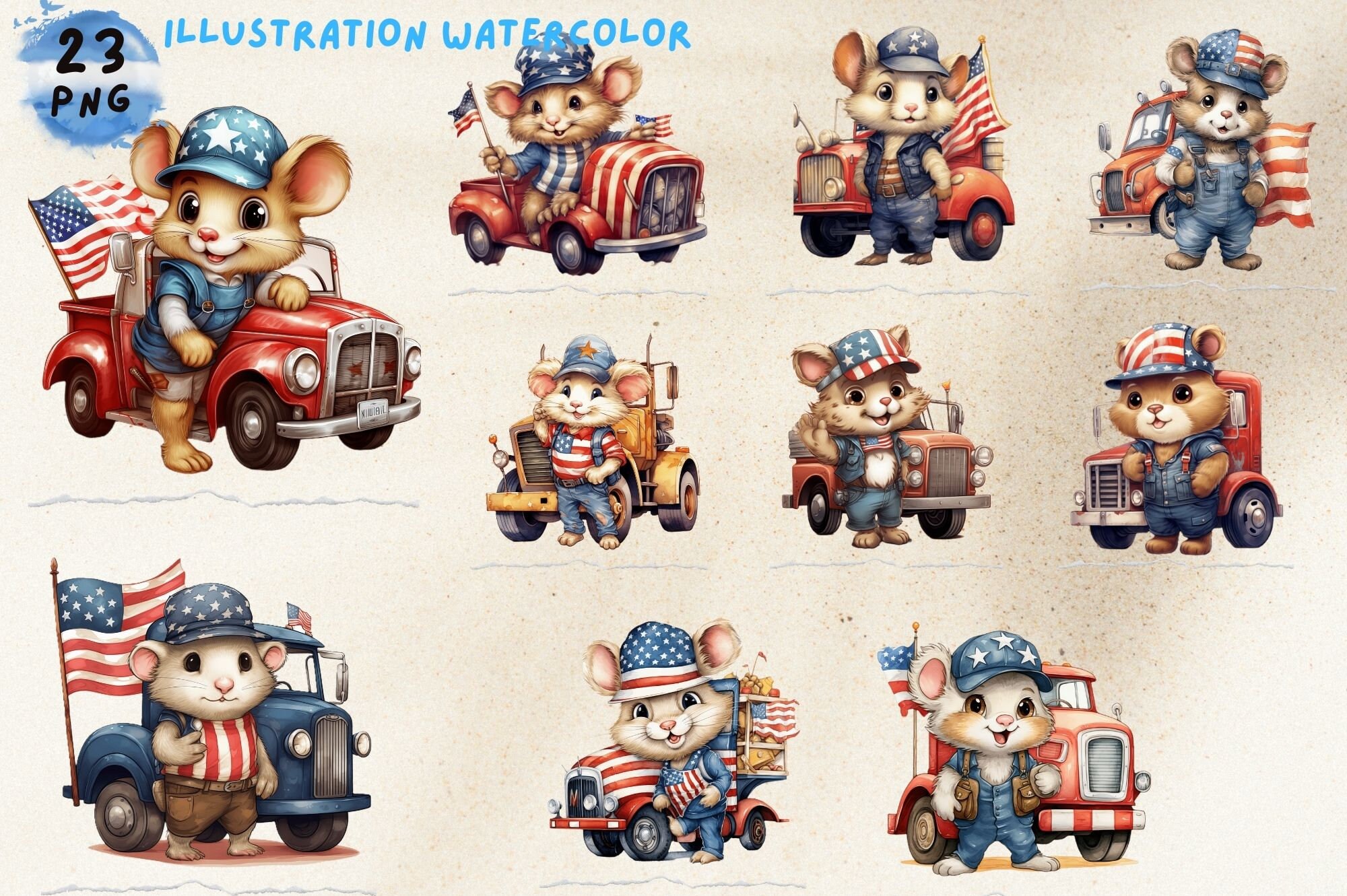 Cartoon Trucker USA Flag Watercolor Clipart Png, Trucks Boys Clipart ...