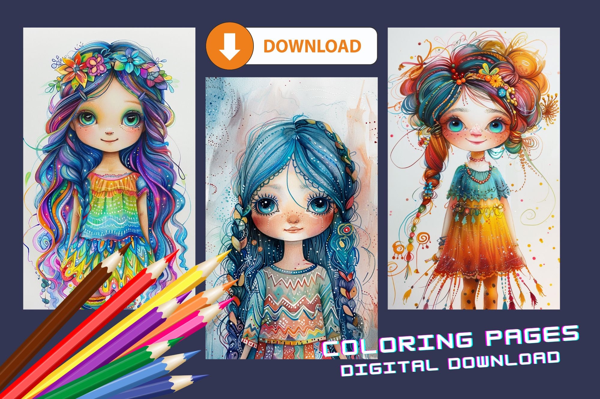 Bohemian Style Girls Coloring Pages, Printable PDF, Boho Rustic Fashion ...