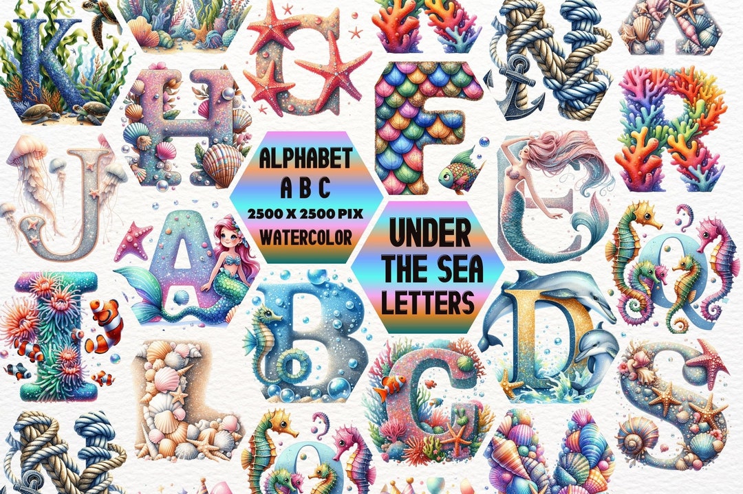Under the Sea World Watercolor Clipart, Alphabet Coral Reef, Ocean ...