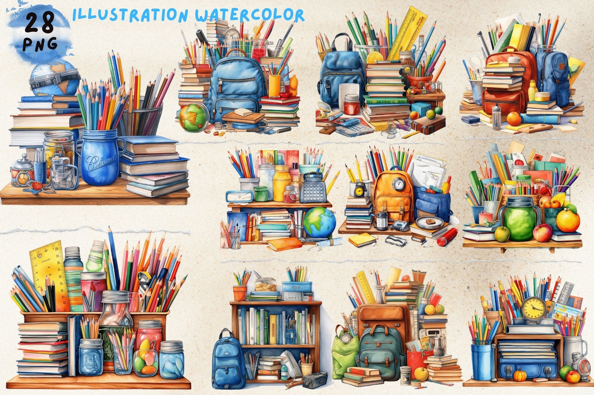 Back to School Clipart, Watercolor Back to School Clipart Set, School ...