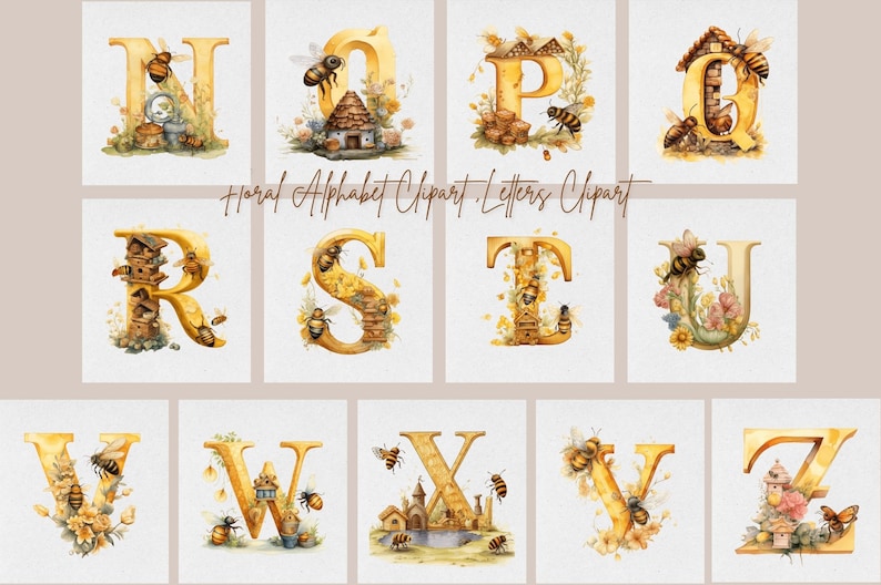 Bee Alphabet Bundle, Bee Png, Honey Doodle Letters, Clip Art Letters ...
