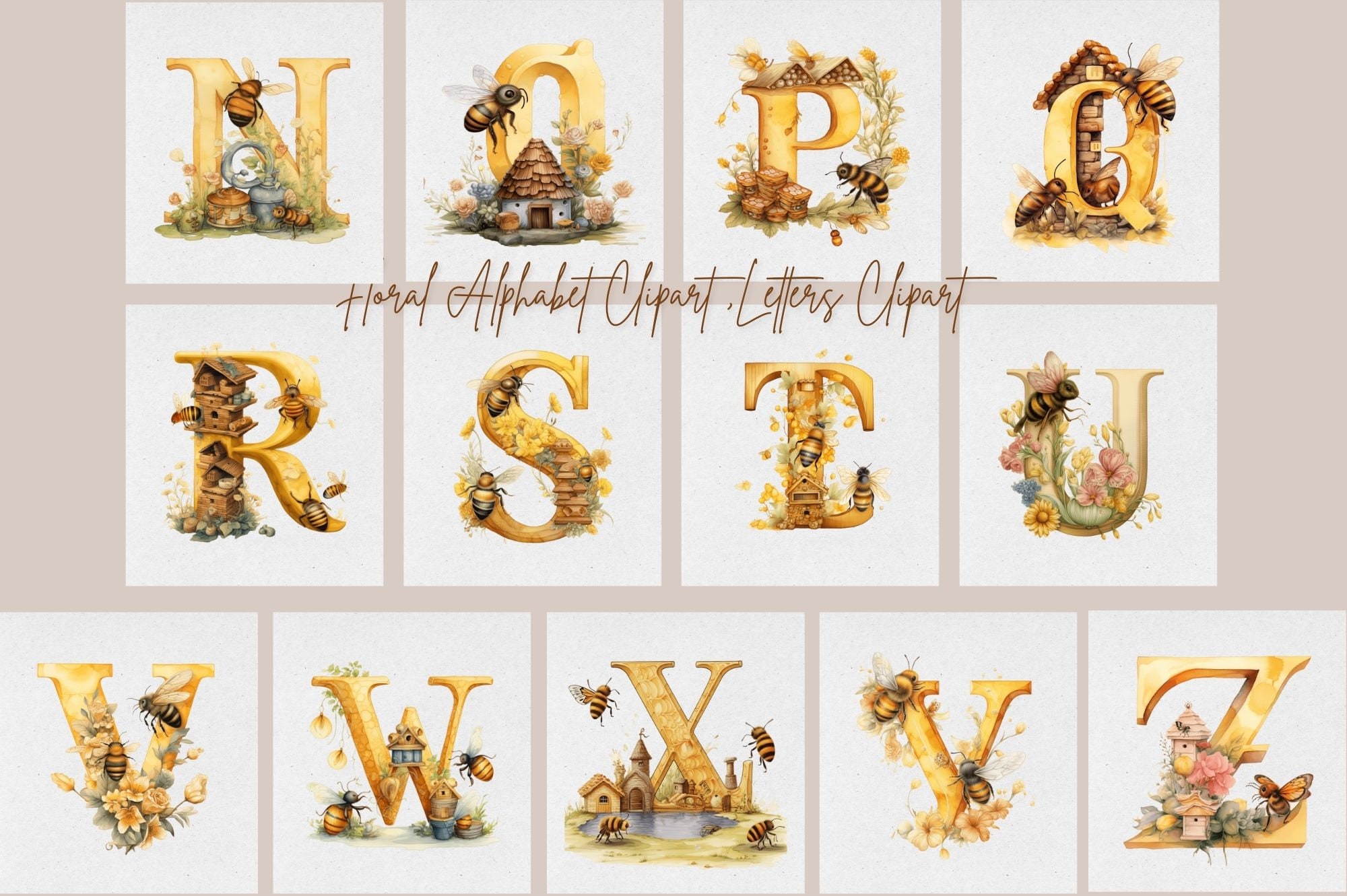 Bee Alphabet Bundle, Bee Png, Honey Doodle Letters, Clip Art Letters ...