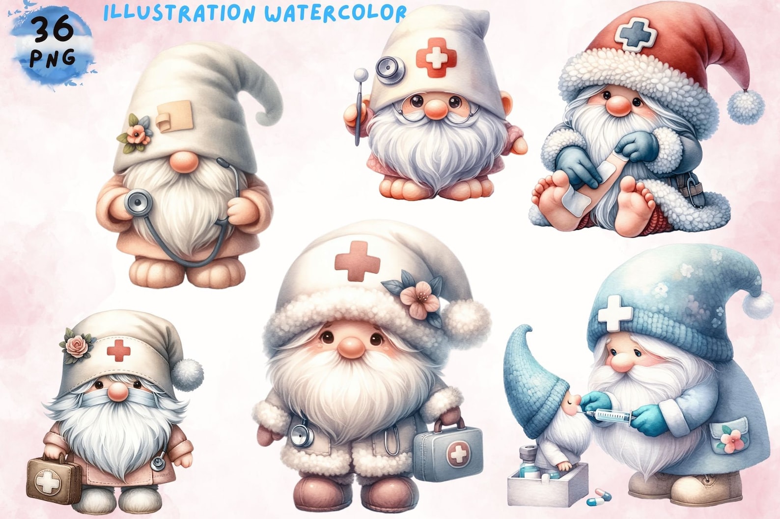 Nurse Doctor Gnomes Watercolor Clipart: Medical Scrapbook (PNG) - Etsy