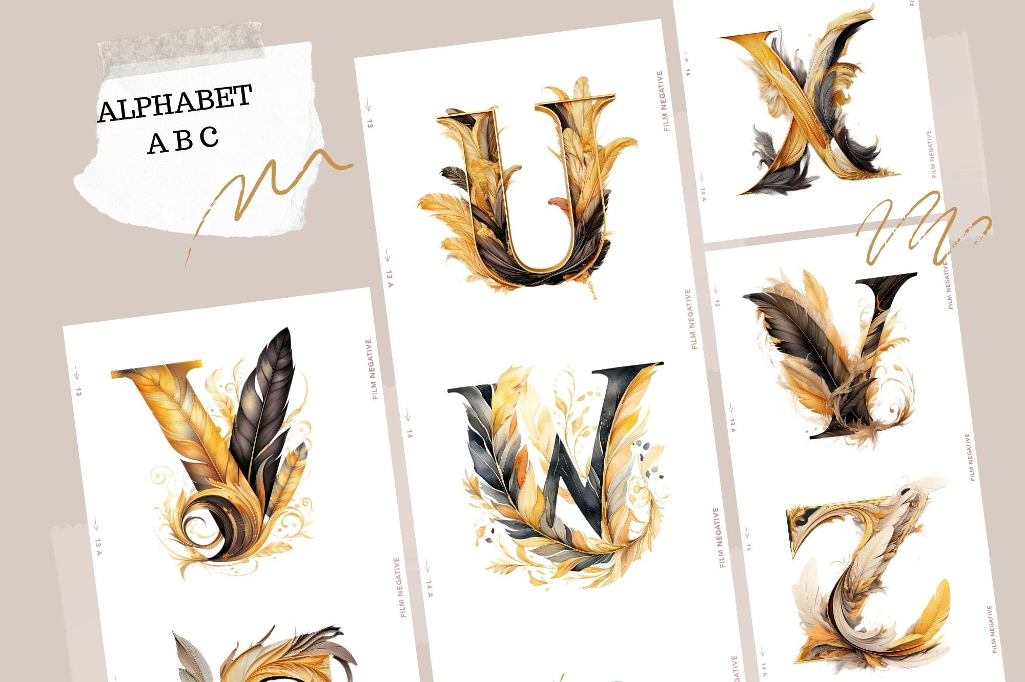 Golden Feather Alphabet Clipart , Gold and Silver Feathers Alphabet ...
