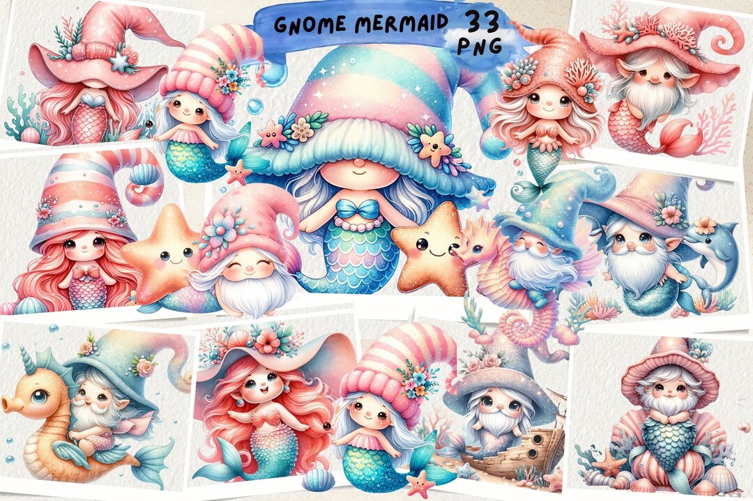 Gnome Mermaid Clipart, Watercolor Fairytale Clip Art, Nursery Decor ...