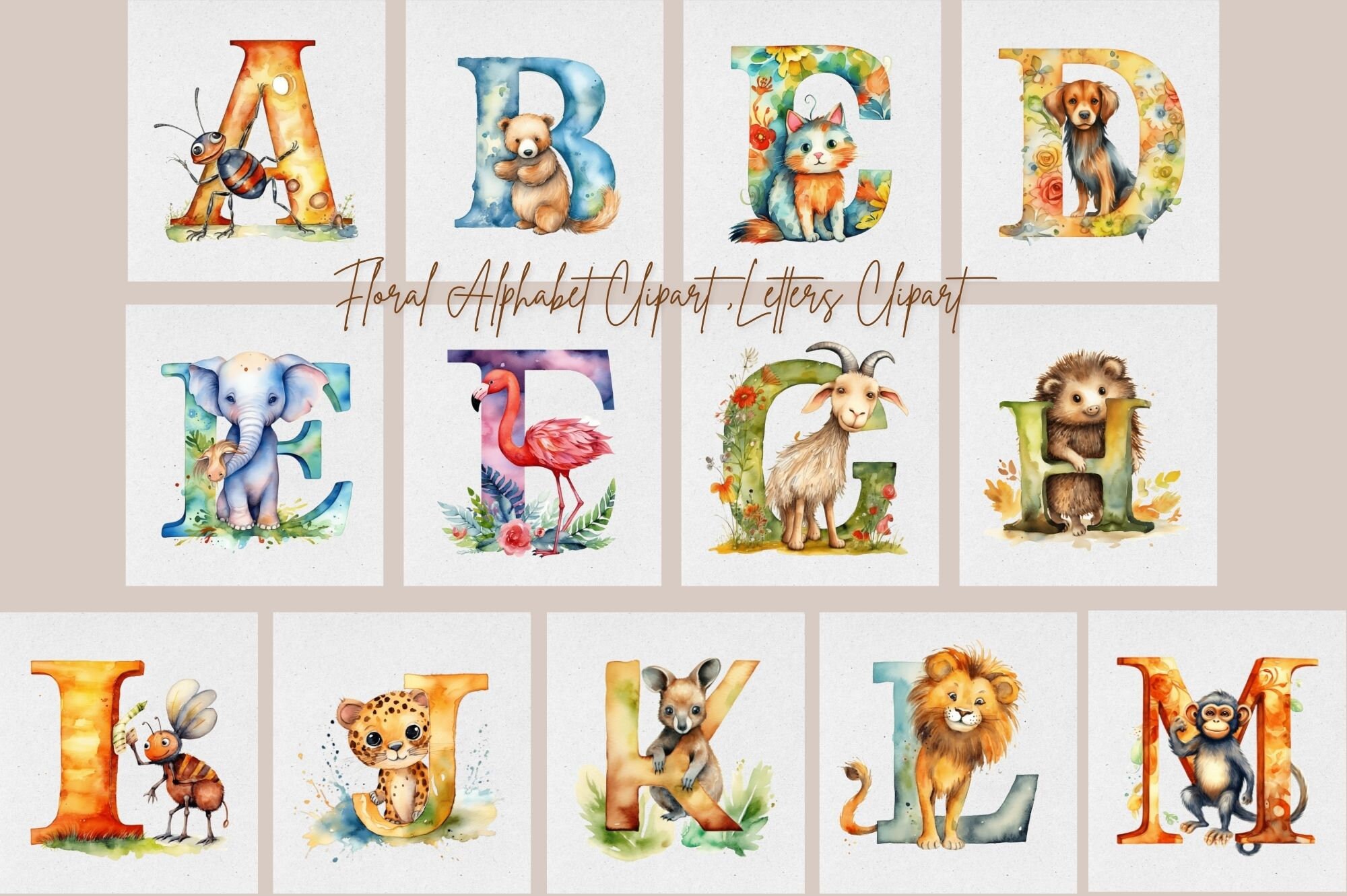 Cute Animal Alphabet Digital Watercolor Clipart Cute ABC - Etsy