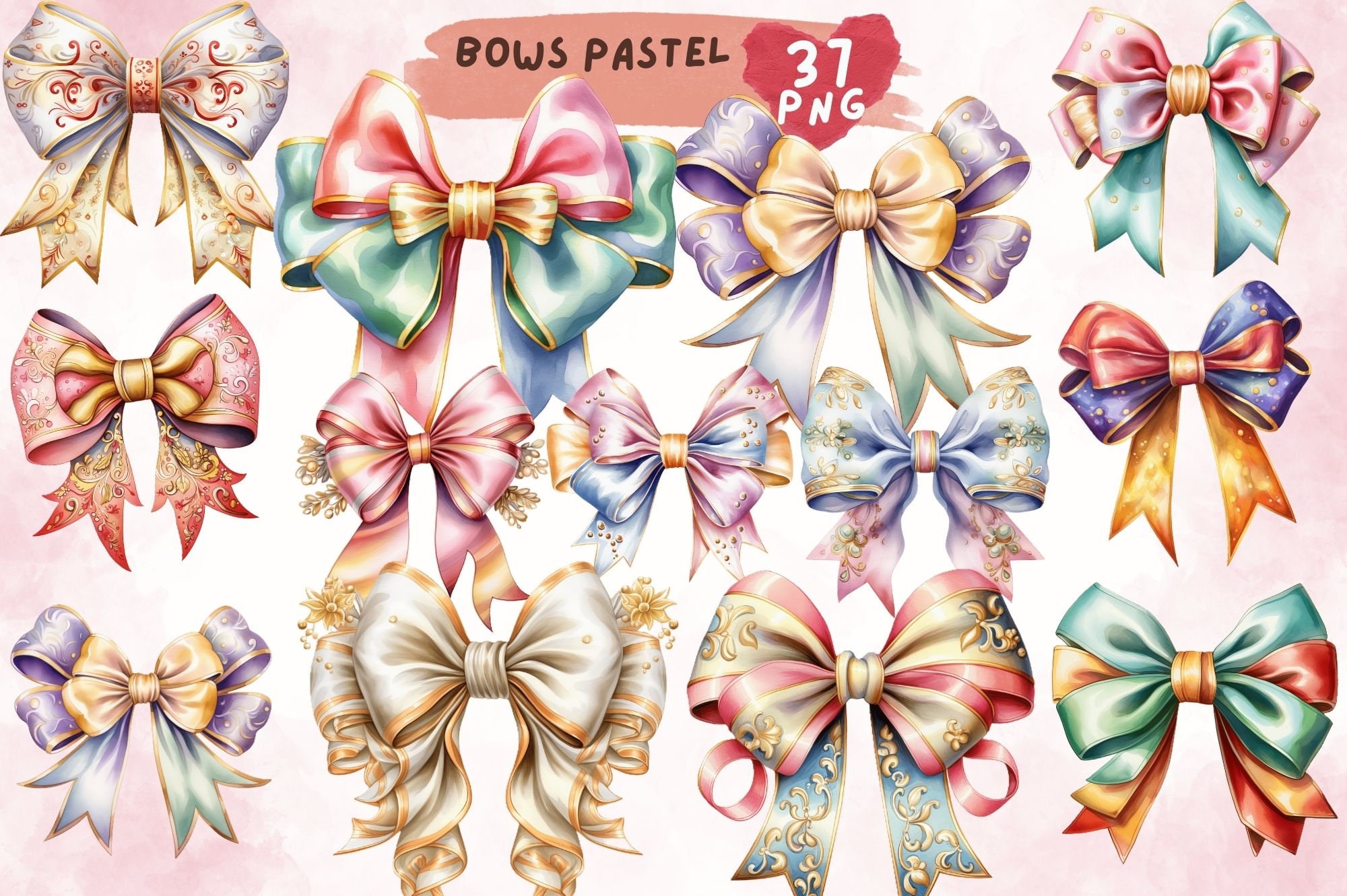 Bow Pastel Clipart, Metallic Bow Clipart, Watercolor Bows, Quality Rose ...