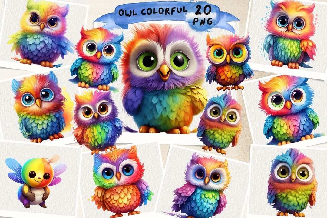 Colorful Cute Owl Clipart, Pastel Owl Clipart, Watercolor PNG Files for ...