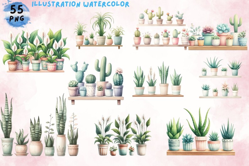 House Plant Watercolor Clipart, Potted Plant Illustration, Greenery ...