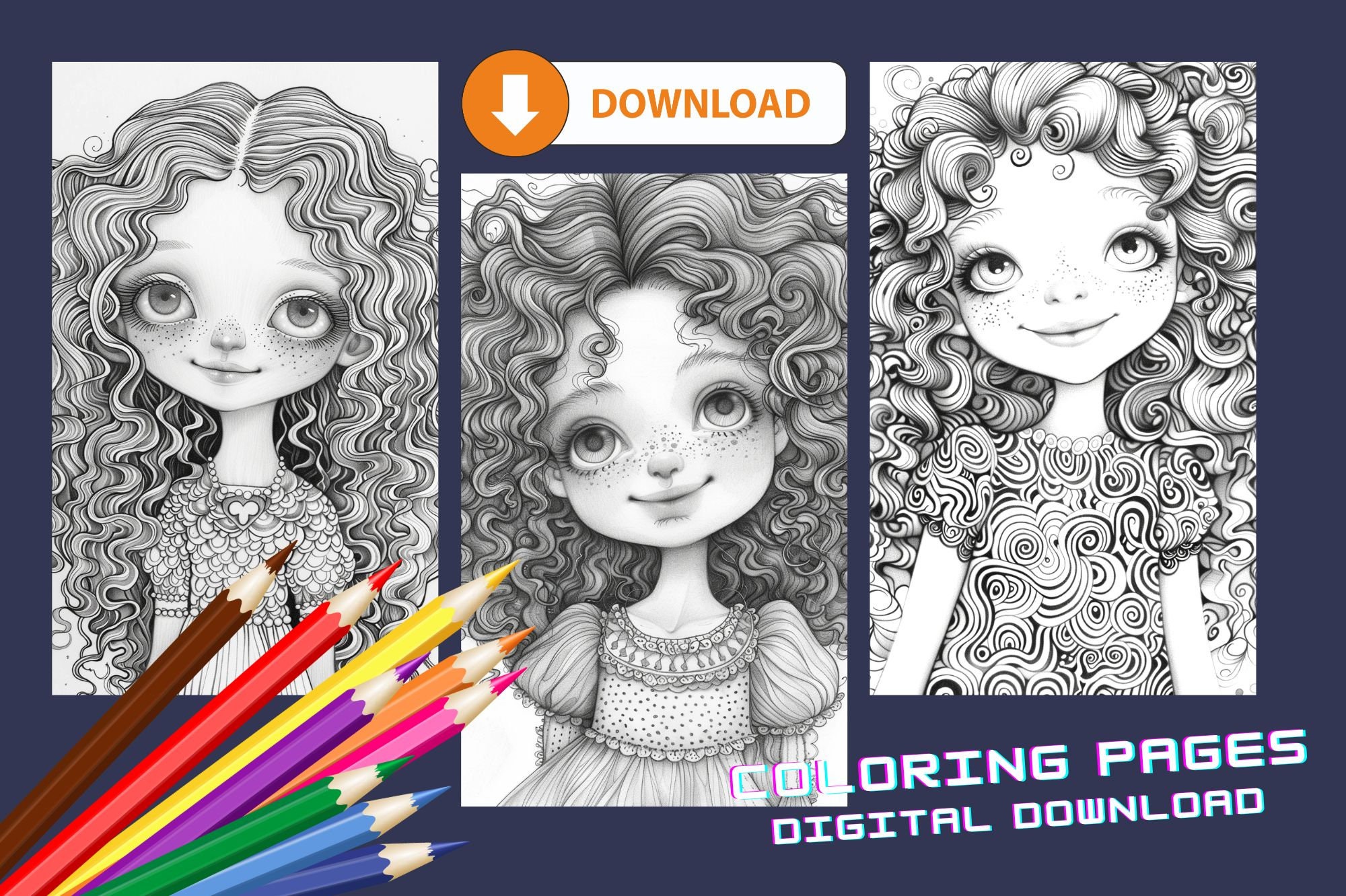 Curly Girl Grayscale Coloring Pages, Cute Girl Coloring Book, Super ...