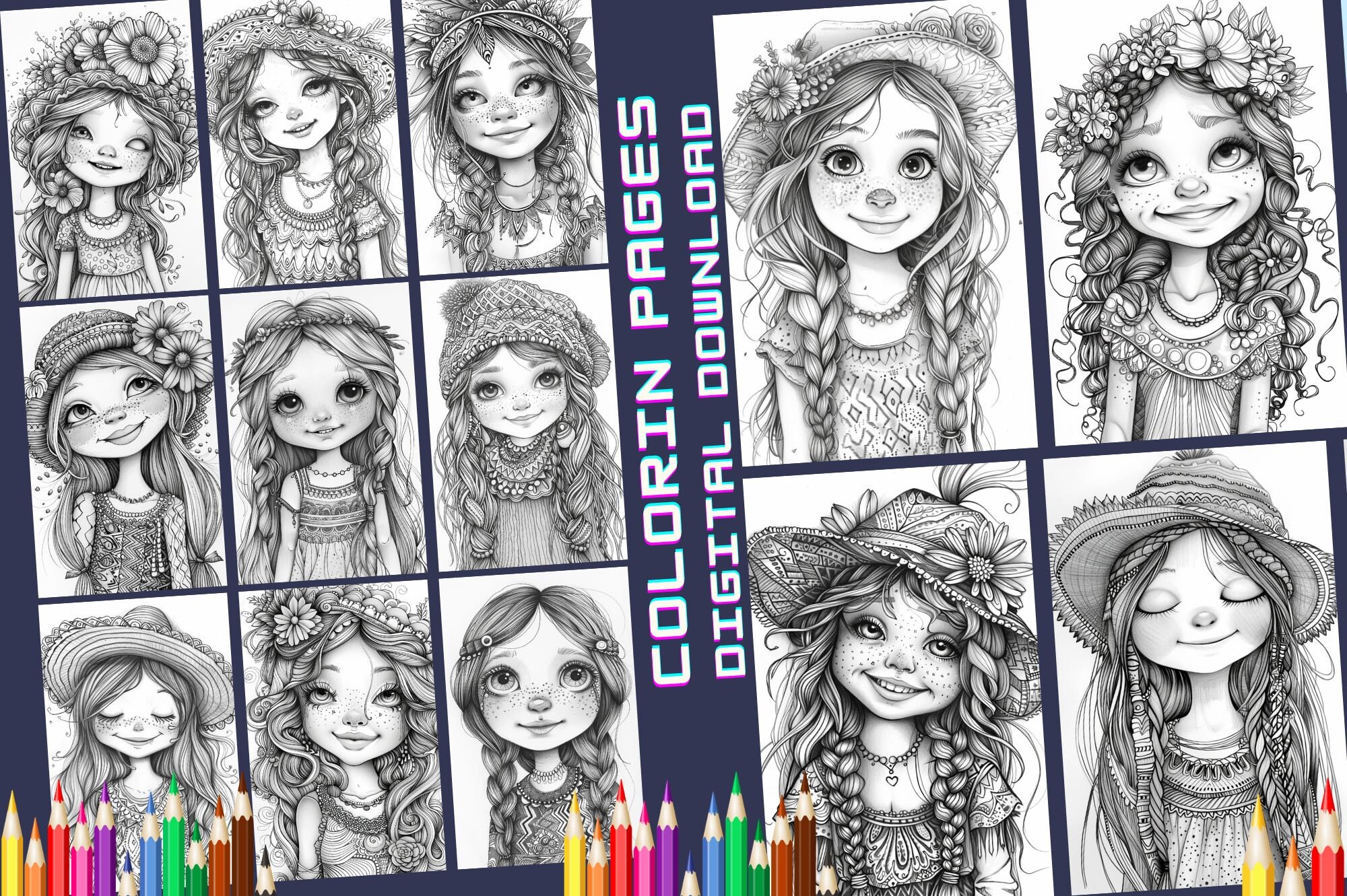 Cute Boho Girl Coloring Pages, Hippie Girl Floral Printable Coloring ...