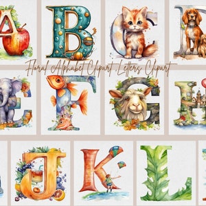 ABC Animals Cartoon Watercolor Clipart, Alphabet, Letters, a to Z, Card ...