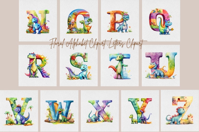 Dinosaur Alphabet Clipart: Watercolor Cartoon Letters (PNG) - Etsy