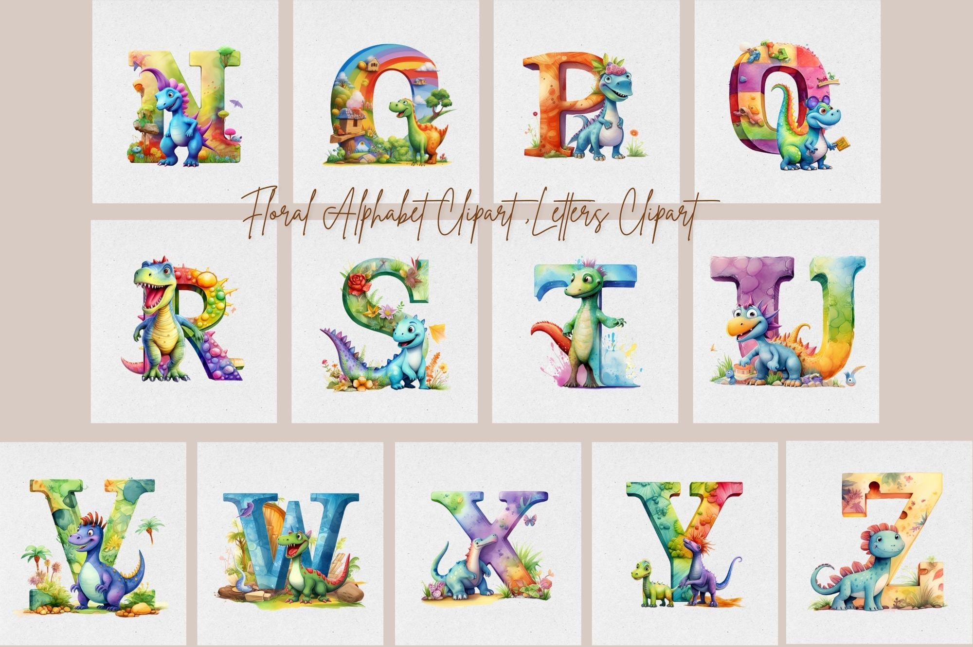 Dinosaur Alphabet Clipart: Watercolor Cartoon Letters (PNG) - Etsy