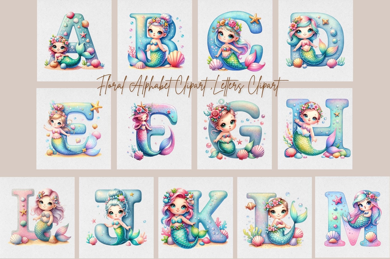 Mermaid Alphabet Clipart: Doodle Watercolor Letters (PNG) - Etsy