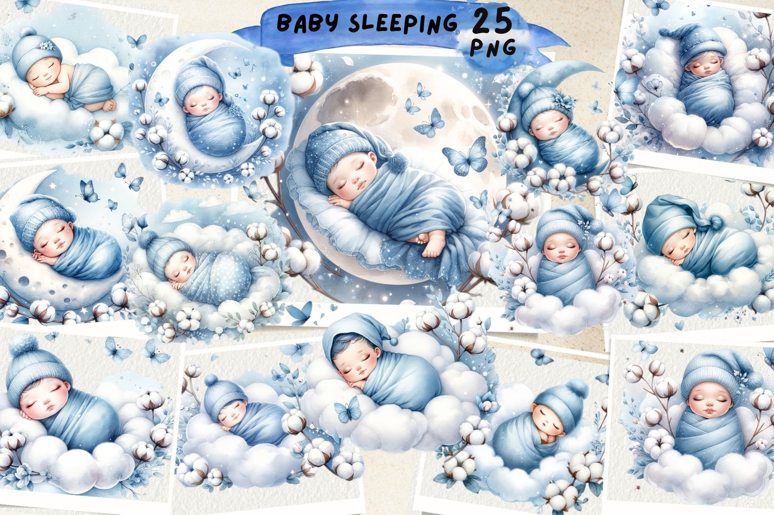Babies Sleep on Cloud and Moon Clipart Watercolor Sleep on Moon ...