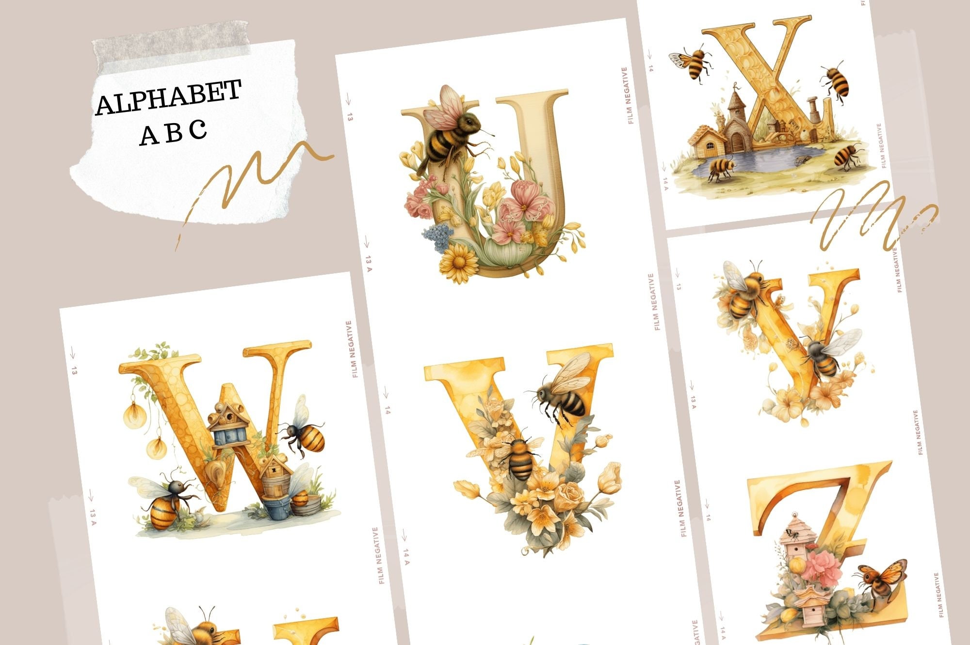 Bee Alphabet Bundle, Bee Png, Honey Doodle Letters, Clip Art Letters ...